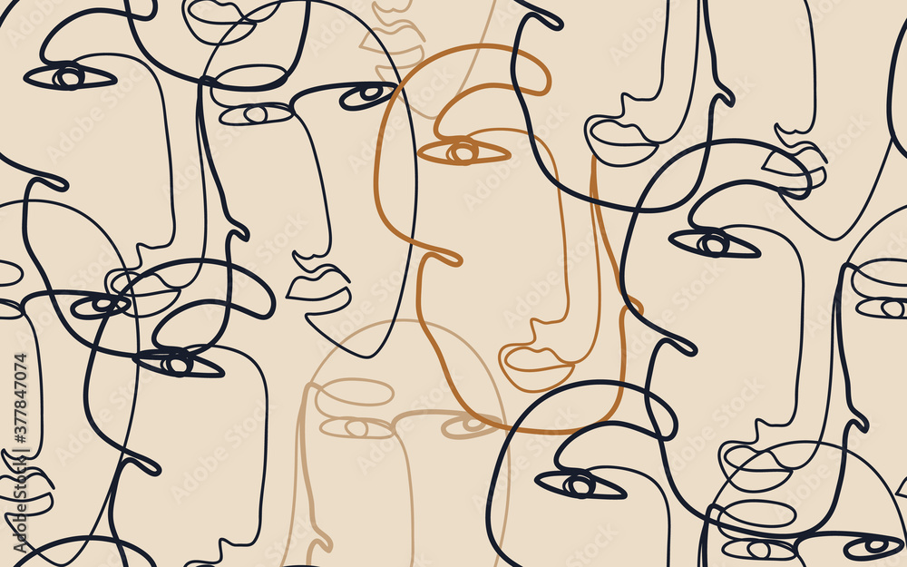 Continuous line drawing of faces. Modern fashionable pattern ...