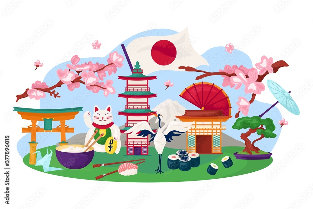 Japan travel concept, traditional japanese symbols vector illustration ...