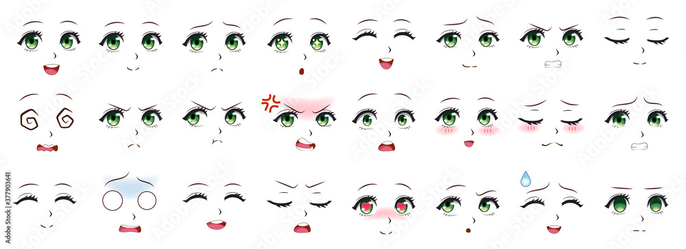 Manga expression. Anime girl facial expressions. Eyes, mouth and nose ...