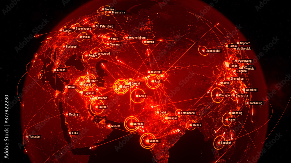 Global Communications over Europe and Asia. Arrows fly between Cities ...