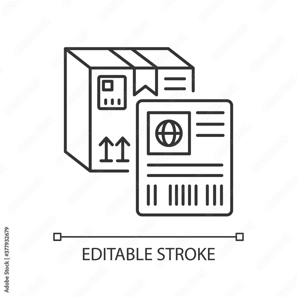 Shipping label linear icon. Postal service, commercial shipment ID thin line customizable ...