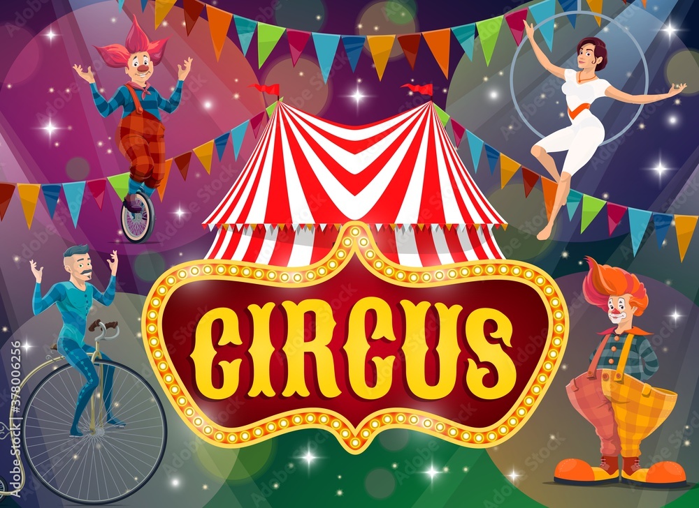 Big top tent circus show performers vector poster. Artists on big top ...