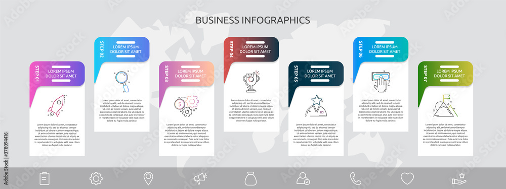 Infographics charts with 7 steps, labels. Vector template used for diagram, business, web ...