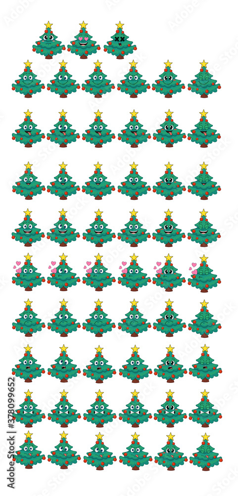 cartoon christmas trees with different emotions. large set of isolated ...