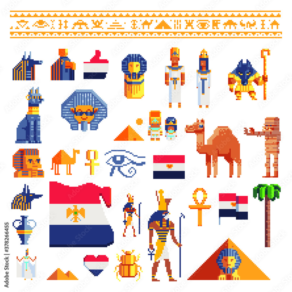 Egyptian theme pixel art flat style icon set. Anubis head, pyramid ...