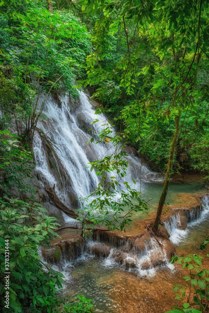 Waterfalls in the forest near archaeological site of Palenque, Mexico ...