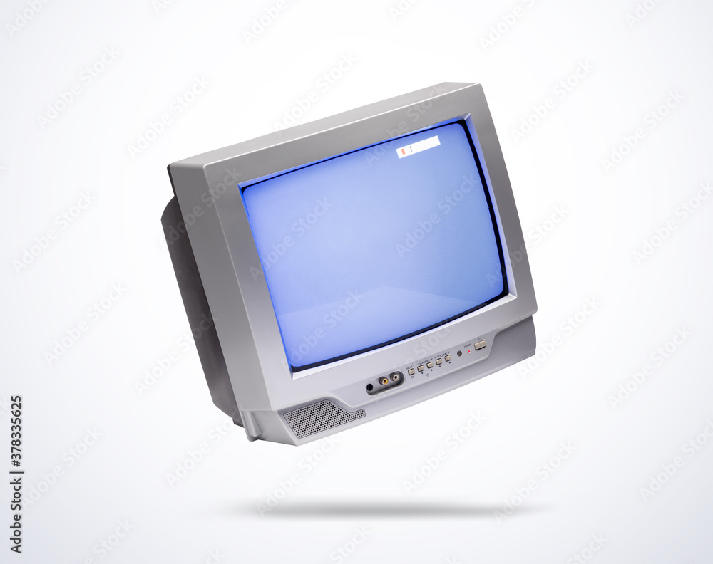 Working old gray CRT TV set in air, on light background. File contains ...
