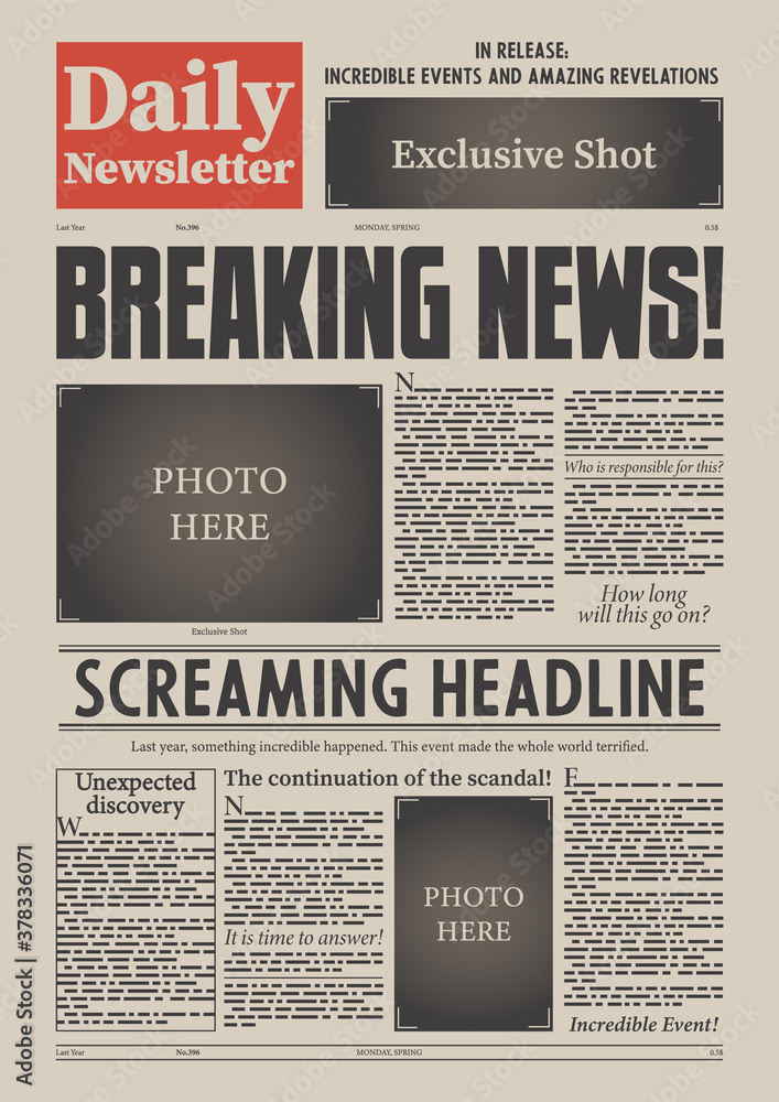 Old Newsletter Page, Breaking News Paper Template Stock Vector | Adobe ...
