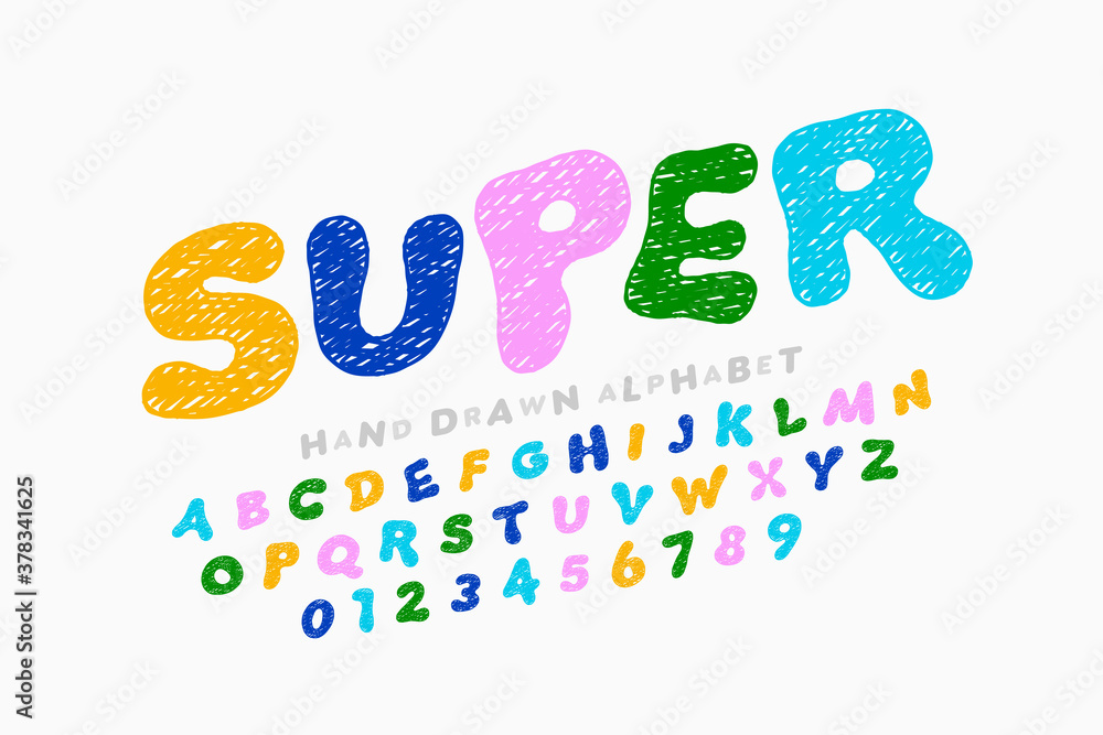 Hand drawn doodle style kids font, alphabet letters and numbers vector ...