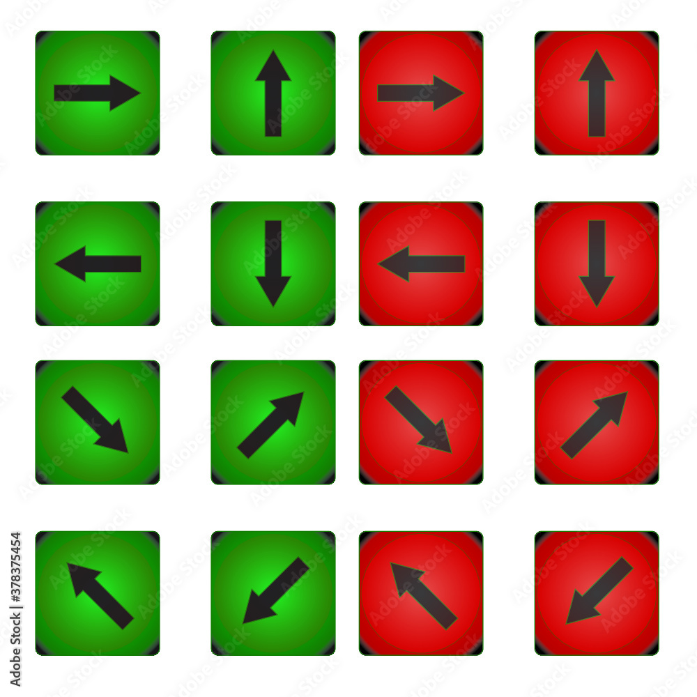 gradient buttons with arrows pointing up, down, left, right and at an ...