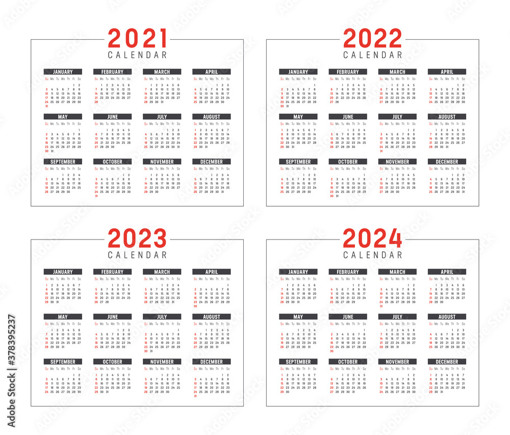 Years 2021 2022 2023 2024 minimalist calendars set, isolated on white ...