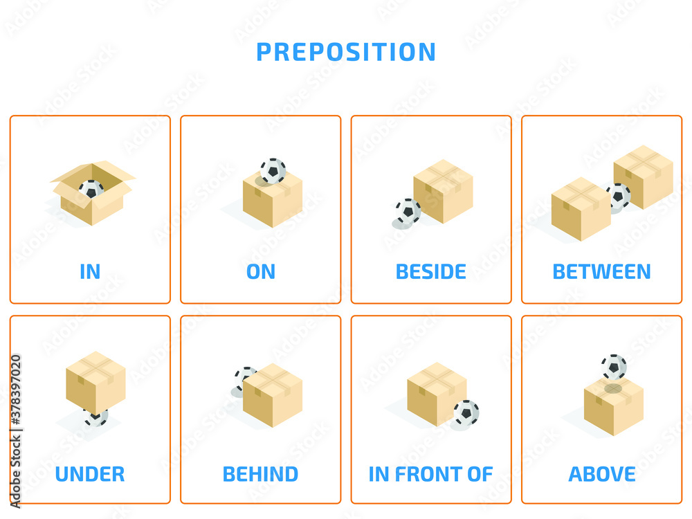 preposition English grammar learning vector illustration. with ball and ...