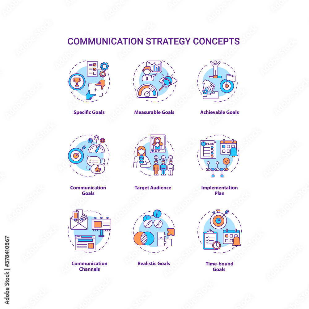 Communication strategy concept icons set. Smart goals definition ...