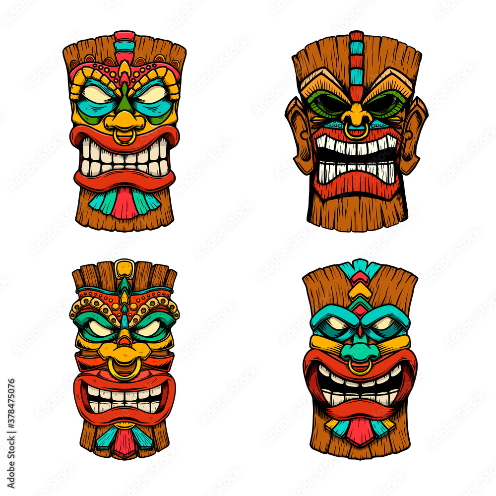 Sеt of Illustrations of Tiki tribal wooden mask. Design element for ...