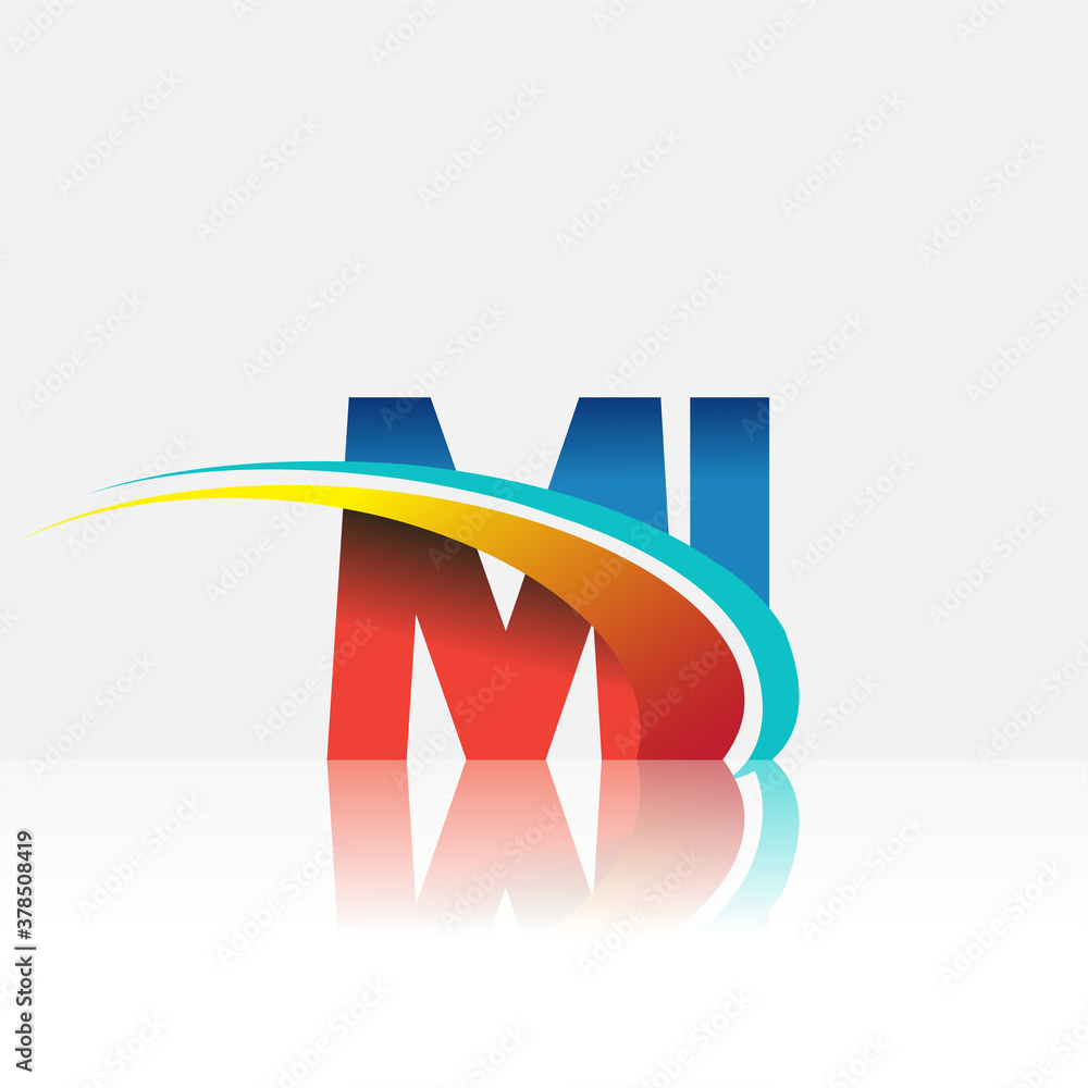initial letter MI logotype company name colored red and blue and swoosh ...