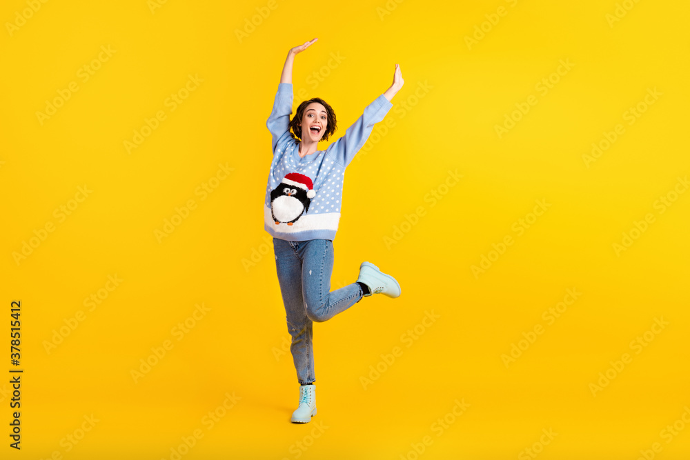 Full body photo of attractive lady x-mas party dance floor good mood ...