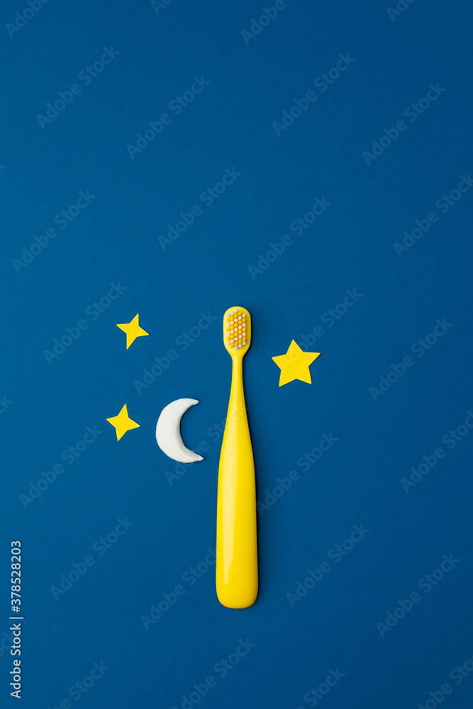 Yellow Cute kids toothbrush, moon, stars on classic blue background ...