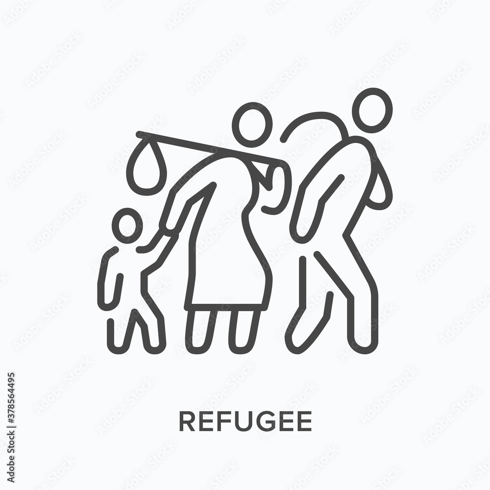 Refugee flat line icon. Vector outline illustration of displaced people ...
