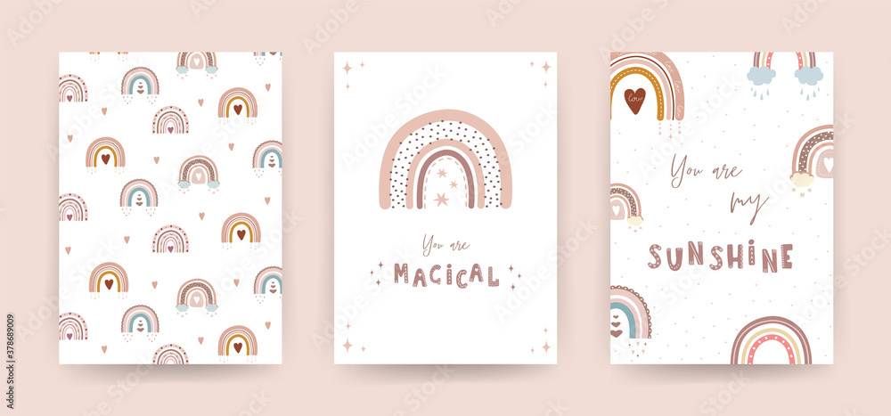 Trendy rainbows in boho style in pastel color. Set of different posters ...