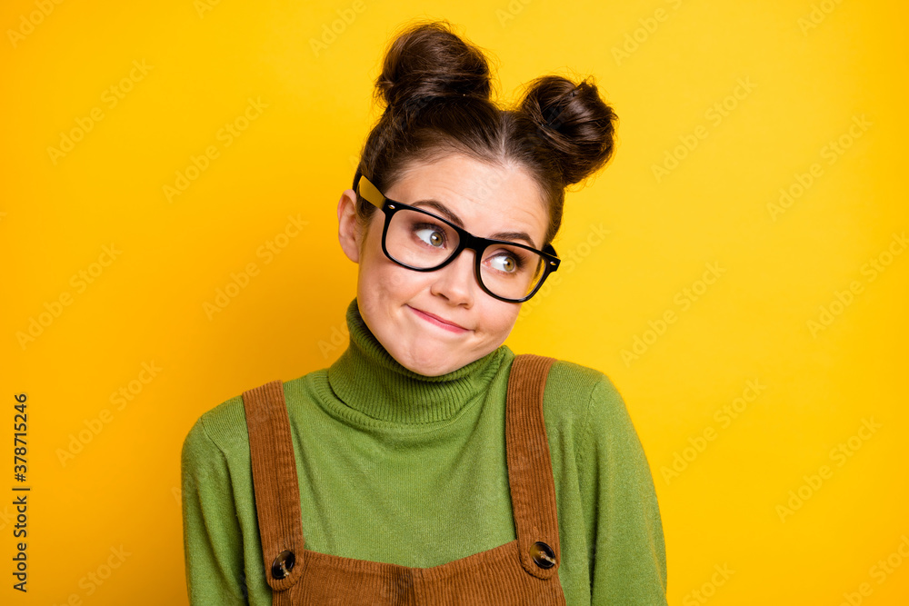 Closeup photo of attractive lady two funny buns geek nerd a-student ...