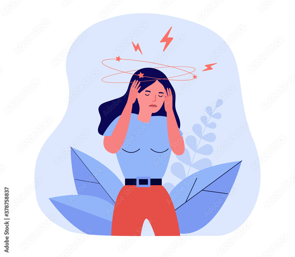 Woman feeling vertigo or dizzy. Sick or drunk confused lady suffering ...