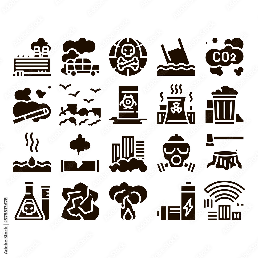 Pollution of Nature Glyph Icons Set Vector. Environmental Pollution ...