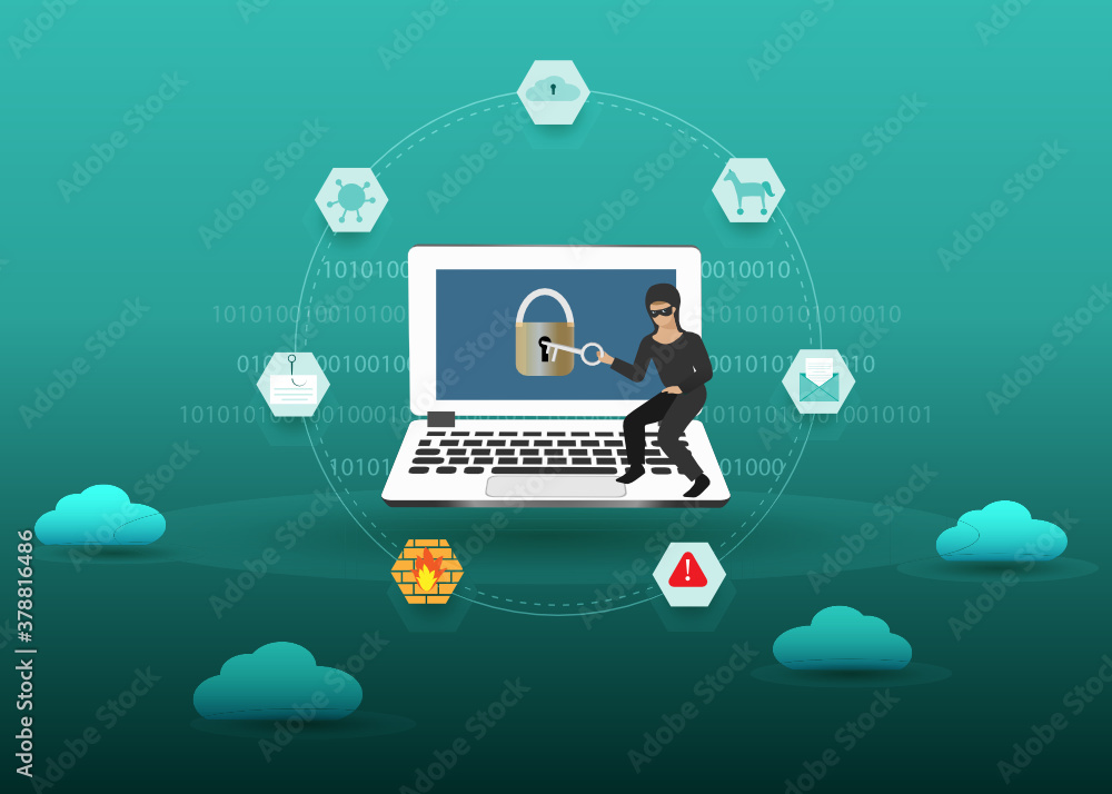 Vetor Hacker try to unlock the key on computer with clouds and hacking ...