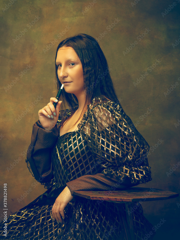 Smoking. Young woman as Mona Lisa, La Gioconda isolated on dark green ...