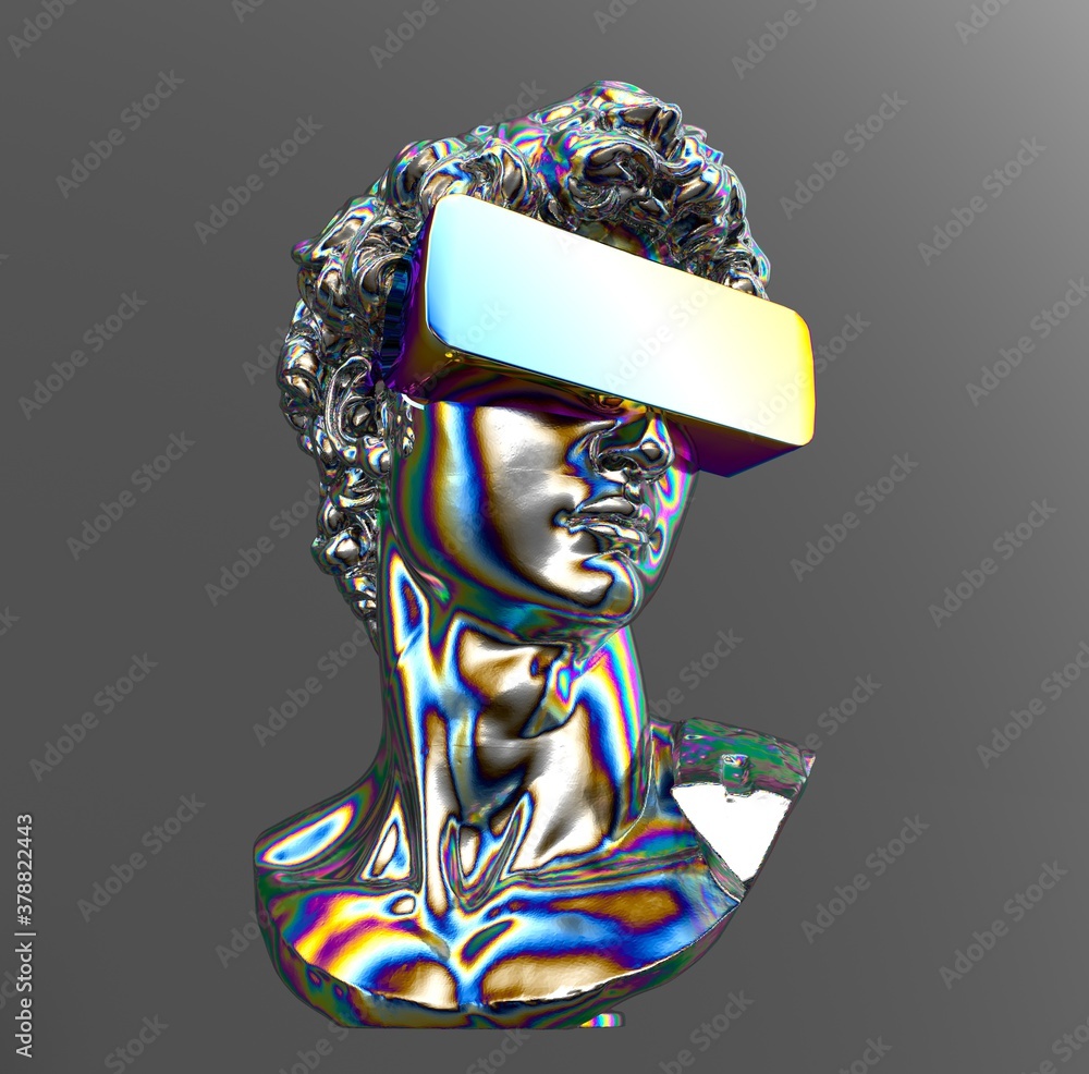 Classical head sculpture with VR visor headset. 3D rendered ...