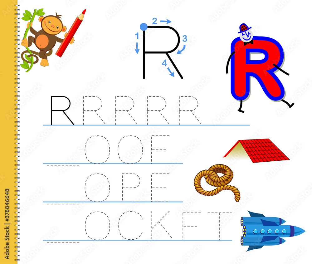 Learn to trace letter R. Study English words. Worksheet for children ...