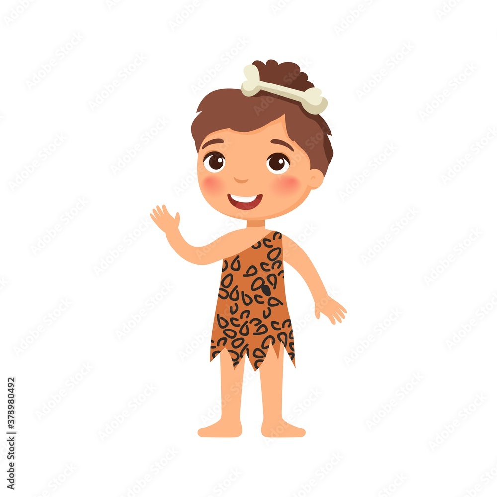 Little girl in the image of an ancient man. History of mankind. Cute ...