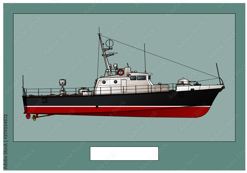 Military ship. Small patrol boat. Poster with a detailed image of a ...