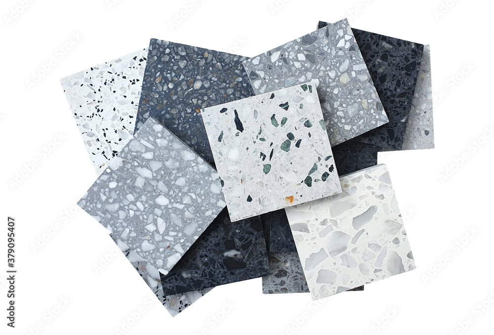 stack of multi color and pattern terrazzo stone samples isolated on ...