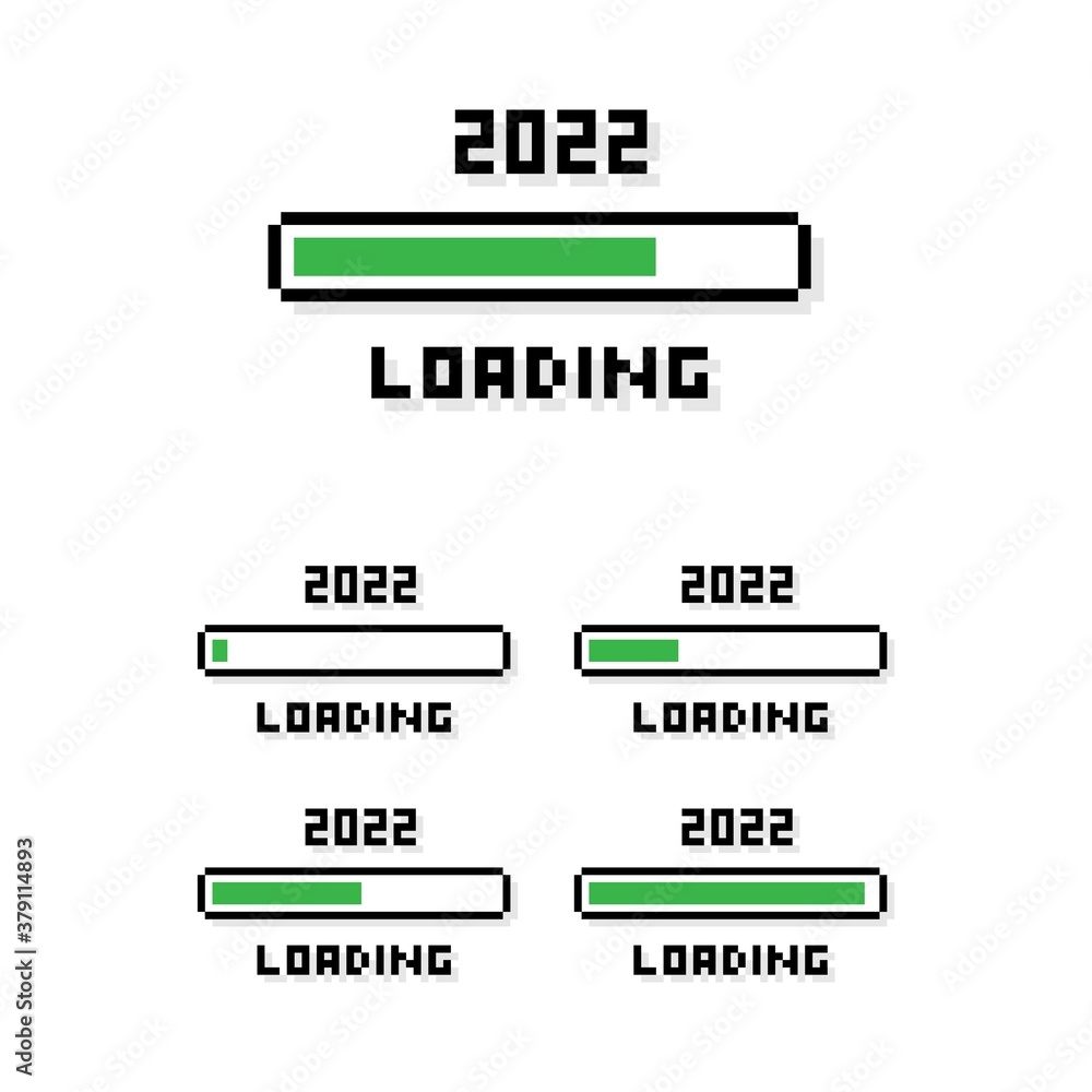 Pixel art 8-bit 2022 year loading bar set. Different stages - editable isolated vector ...