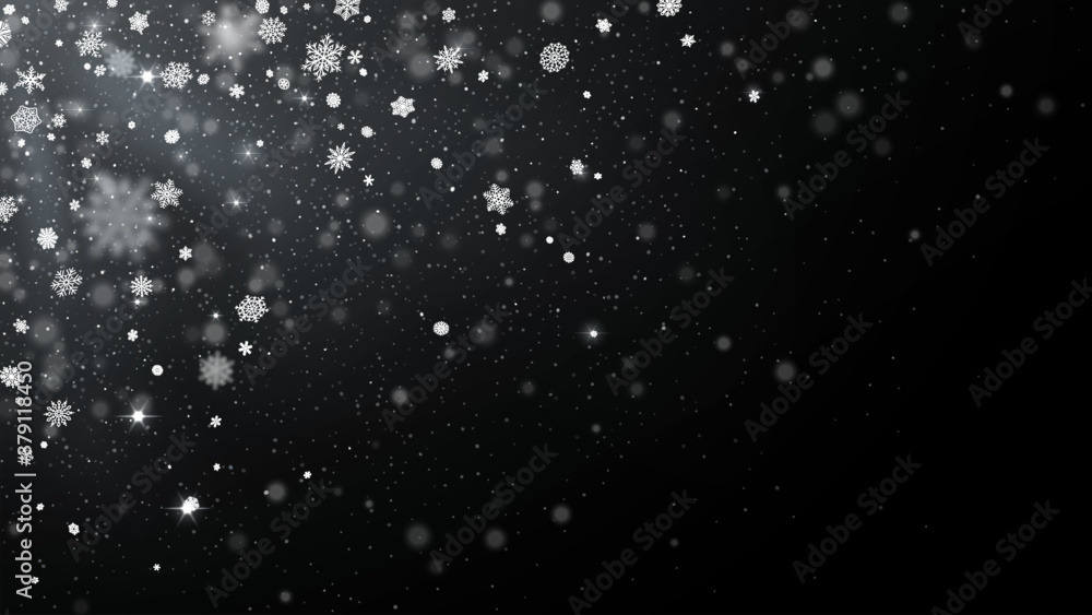 Snowflakes fade from top corner. Blizzard overlay, cold winter snow and ...