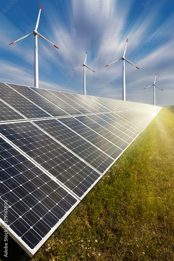 Power plant using renewable solar energy and winds Stock Photo | Adobe ...