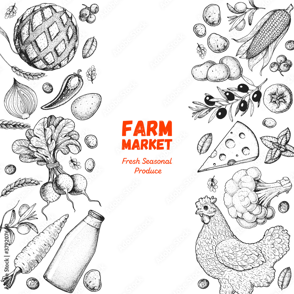 Good food store design concept. Various food frame. Organic food ...