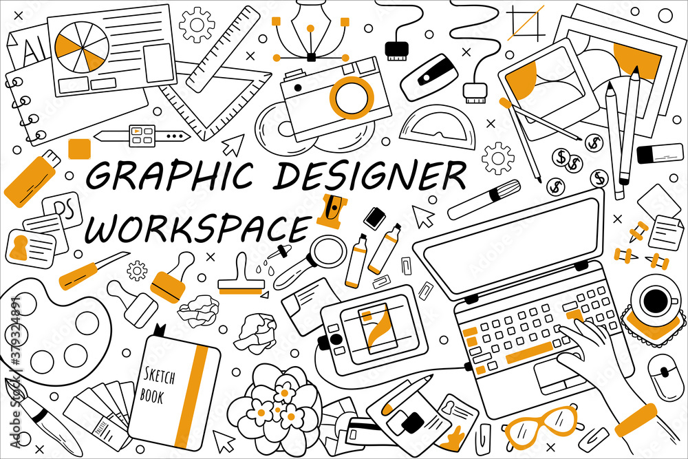 Graphic designer workspace doodle set. Collection of hand drawn ...