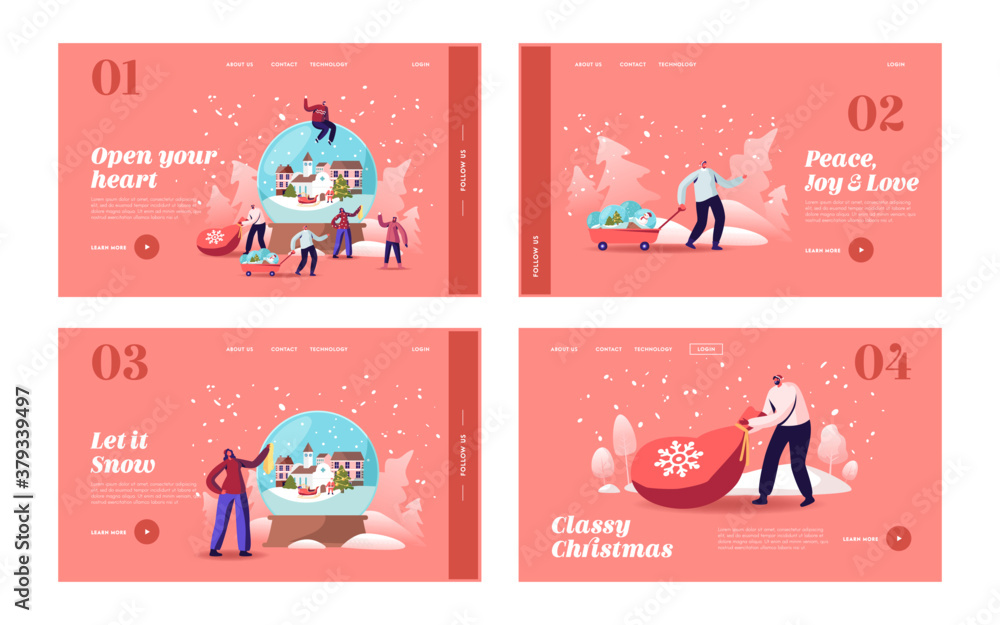 Vector de Stock Christmas Holidays Celebration Landing Page Template Set. Tiny Characters around ...