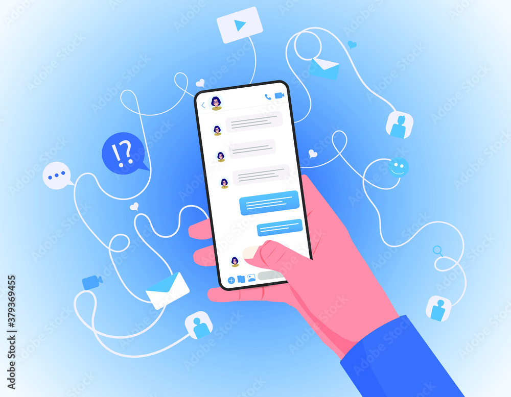 Concept of online conversation. A hand holds a phone with an open chat ...