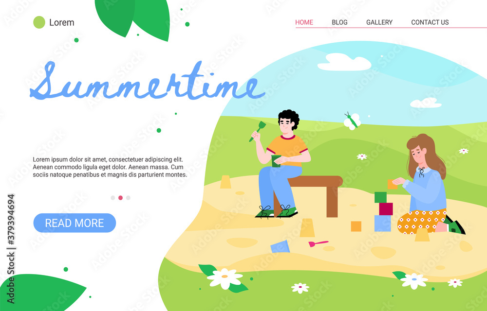 Summertime website page template with kids playing in playground ...