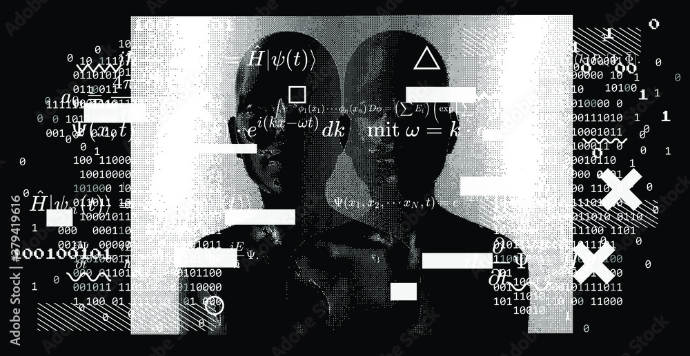 Abstract technology background with binary code and human silhouette. Conceptual illustration of ...