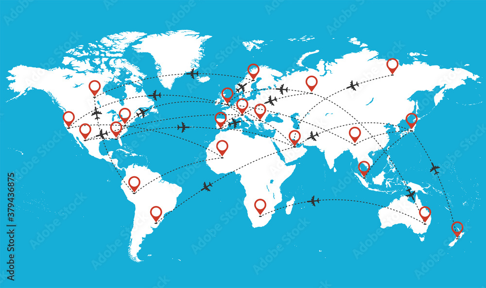 Vector map of the world with flying airplanes Stock Vector | Adobe Stock