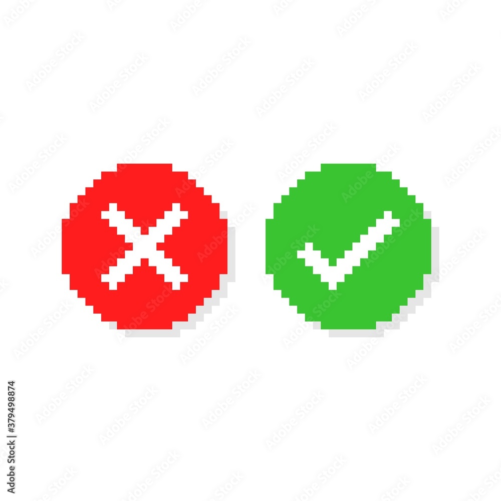 Pixel art 8-bit check mark and cross mark. Tick and cross sign. Circle ...
