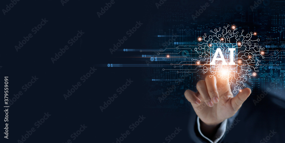 Machine learning with data technology, Businessman touching the brain ...