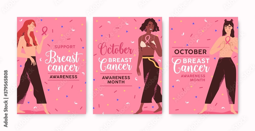 Set of colorful posters template October month breast cancer awareness ...