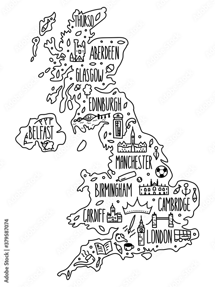 doodle hand drawn Great Britain map. detailed reliable map with cities ...