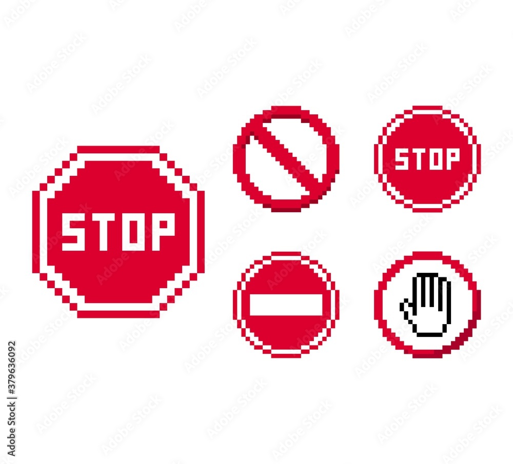 Pixel art 8-bit road prohibiting sign set. Stop signs on white ...