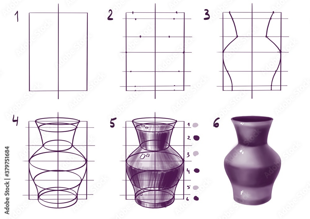 step by step drawing process of a vase. Educational tutorials Stock ...