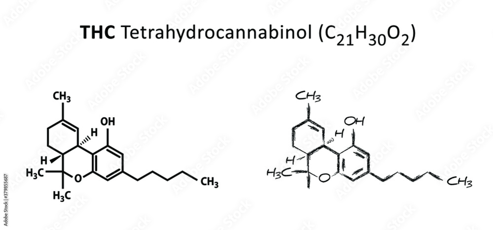 Cannabis THC Tetrahydrocannabinol C21H30O2 formula cemical structure molecule Medical Medicinal ...